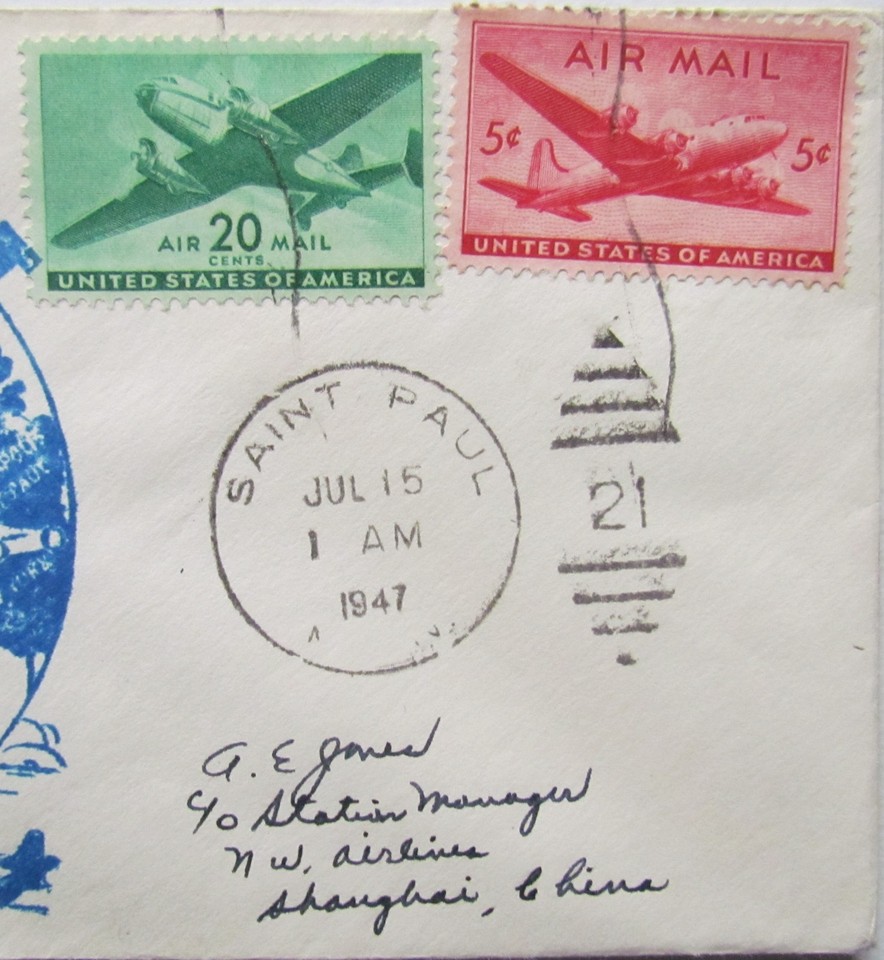 US, 1947, NORTHWEST AIR LINES FIRST FLIGHT, ST. PAUL TO SHNAGHAI, CHINA ...