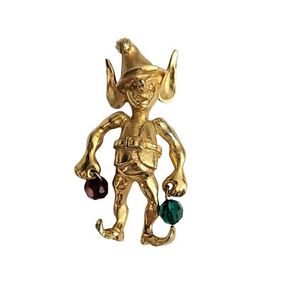 Napier Vintage Gold Tone Red Green Bead Dangle Elf Pin Brooch, Signed ...