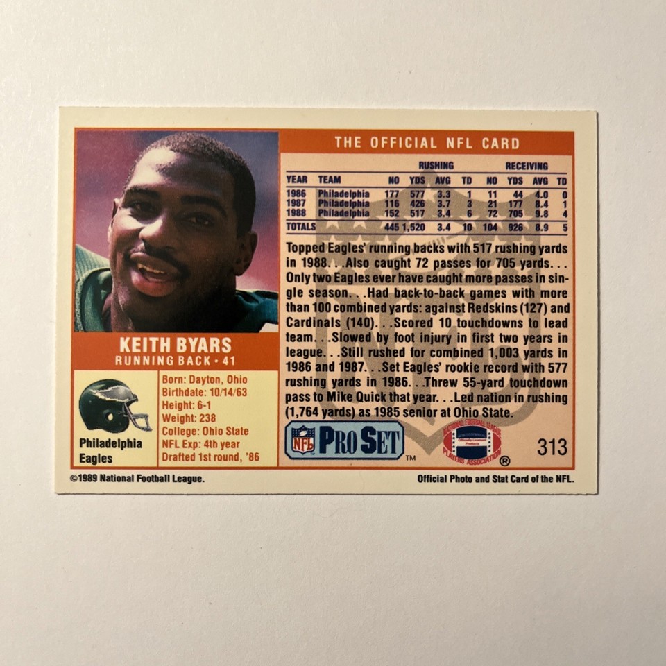 1989 Pro Set Keith Byars Football Cards #313 Philadelphia Eagles NFL ...