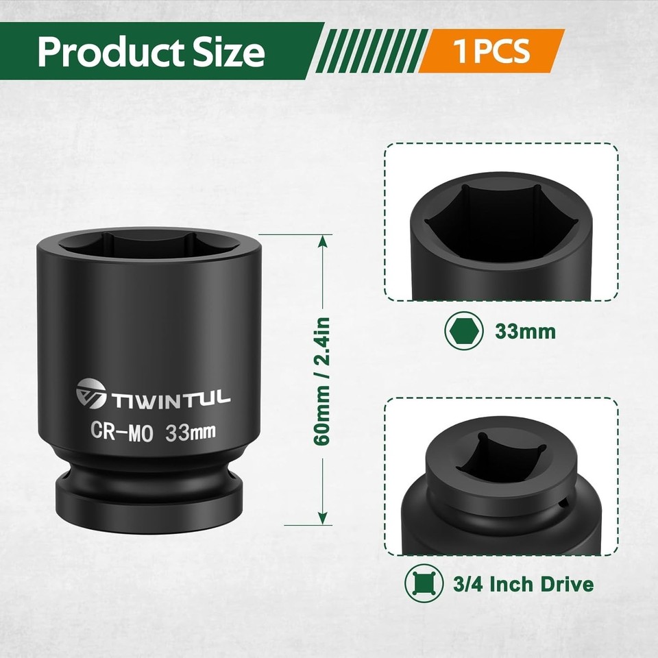 3/4 Inch Drive Metric Impact Socket 33mm, 6-Point Design, Heat-Treated ...