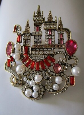 New large fairytale castle marcasite brooch red crystals pearls | eBay ...