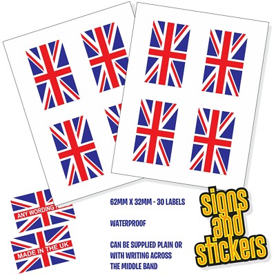 62mm x 32mm X30 Great Britain Union Jack Stickers Labels Made in the UK ...