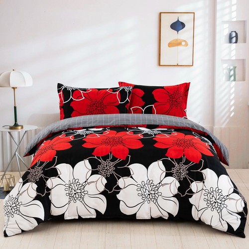 Red Floral Doona/Quilt/Duvet Cover Set Single Double Queen King Size ...