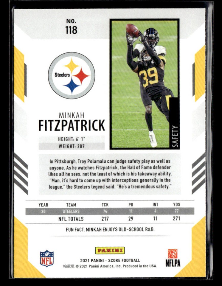 2021 Score #118 Minkah Fitzpatrick Card Pittsburgh Steelers | eBay