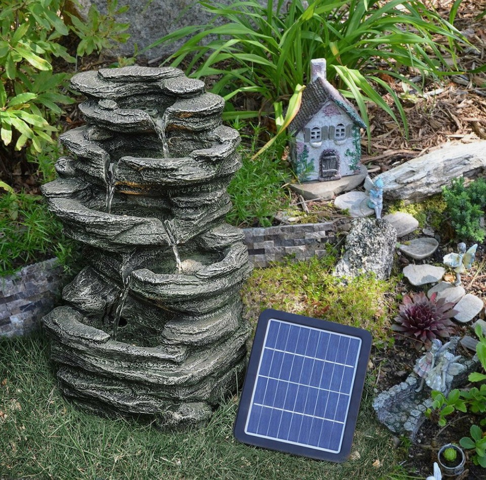 Solar Powered Garden Water Feature with LED Lights Cascade Water ...