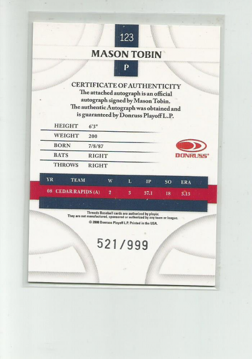 2008 DONRUSS THREADS #123 MASON TOBIN AUTO 521/999 B32B | eBay