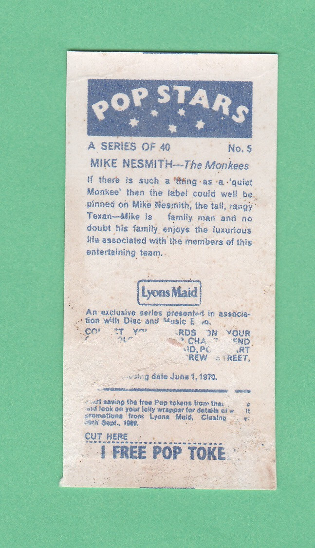 Mike Nesmith/Monkees 1969 Lyons Maid Pop Stars | eBay