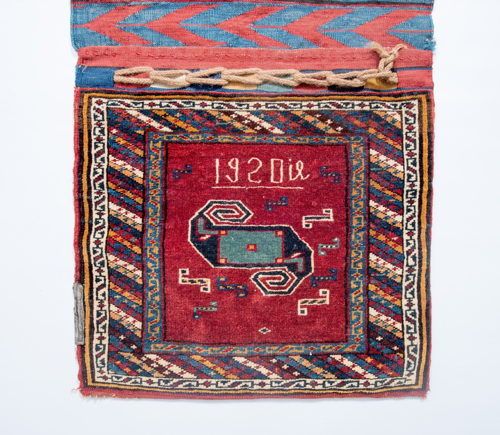 A FANTASTIC ANTIQUE ARMENIAN PINWHEEL KAZAK INSCRIBED DATED SADDLE BAG ...