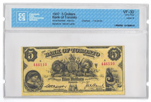 1937 $10 The Bank of Toronto Yellow Small Size Banknote CCCS Graded VF ...