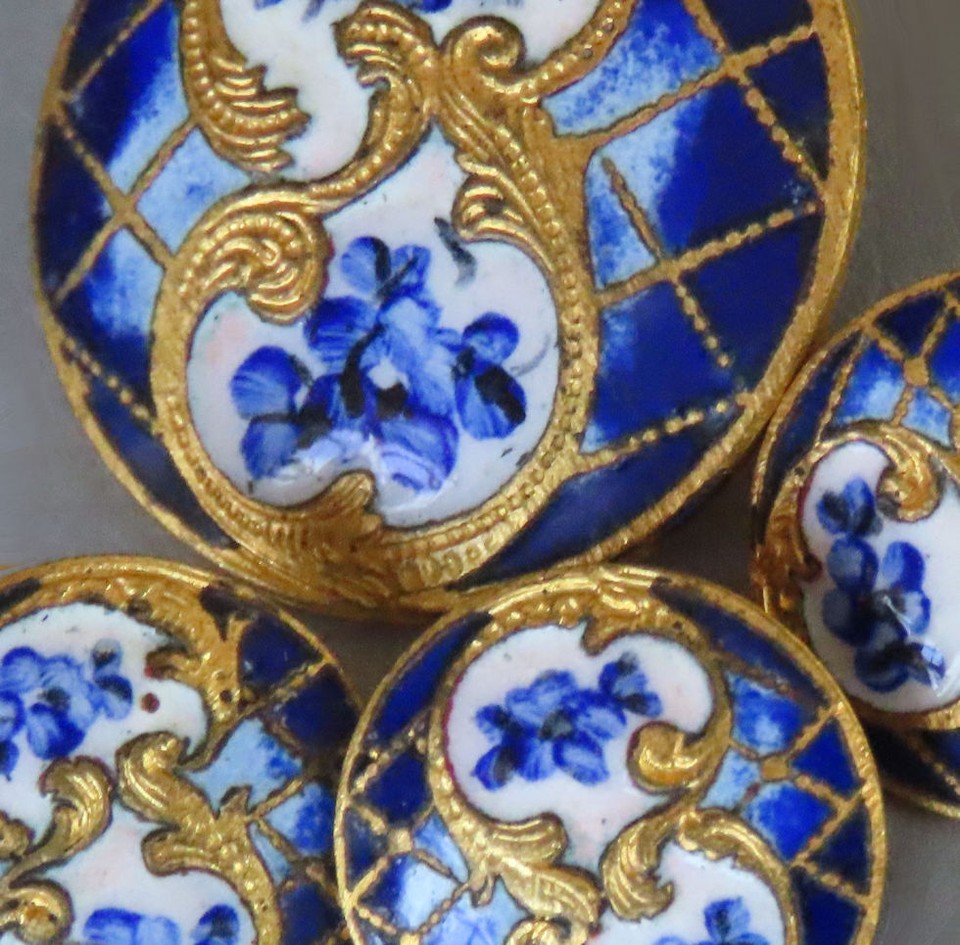 Set 4 Antique FRENCH BUTTONS 1/2" - 15/16" Champleve + HP Enamel BLUE ...