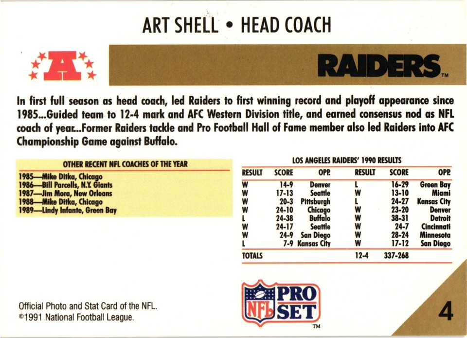 ART SHELL LOS ANGELES RAIDERS HEAD COACH 1991 PRO SET CARD #4 | eBay