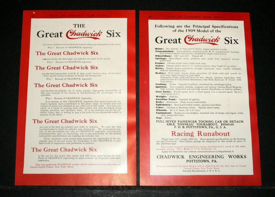 1909 OLD MAGAZINE PRINT AD, THE GREAT CHADWICK SIX MOTOR CAR, HILL ...