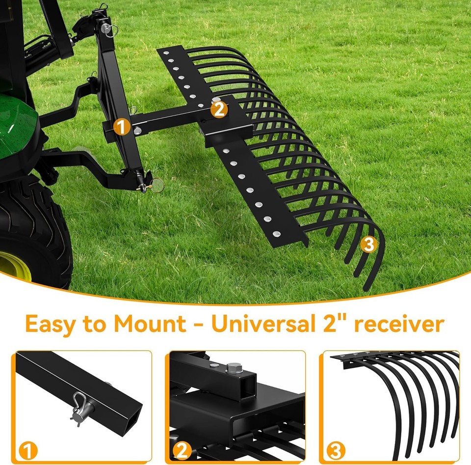 48" Tractor Rake with 2" Receiver 17 Steel Tines for Lawn Tractors ATVs ...
