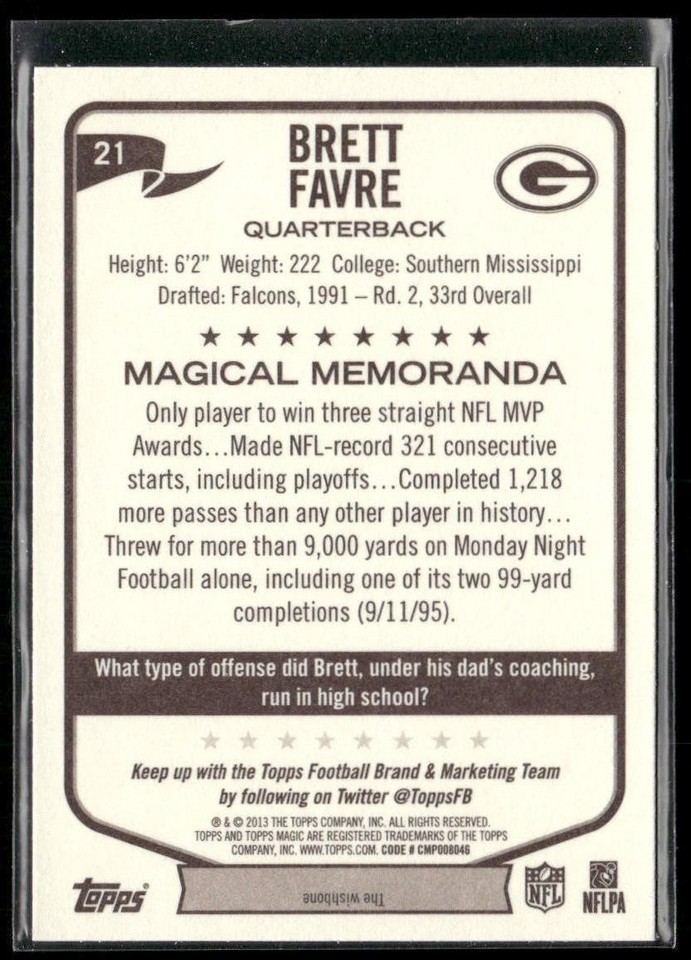 2013 Topps Magic Brett Favre #21 Green Bay Packers | eBay