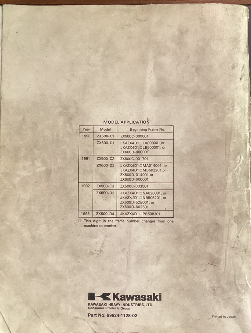 Kawasaki Genuine Workshop Manual 1990-1993 NINJA ZX6 ZZR600 ZZR500 ...