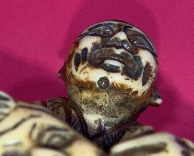 large OKIMONO figurine SEATED MAN PAINTING MASK carved resin ~ unsigned ...