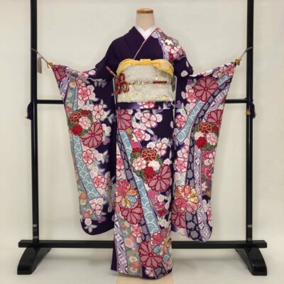 Furisode 6-piece set Japanese Kimono purple Classic floral Free ...