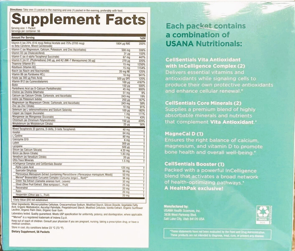 Usana HealthPak Premium Nutritional Support 28am/pm packets Free ship ...