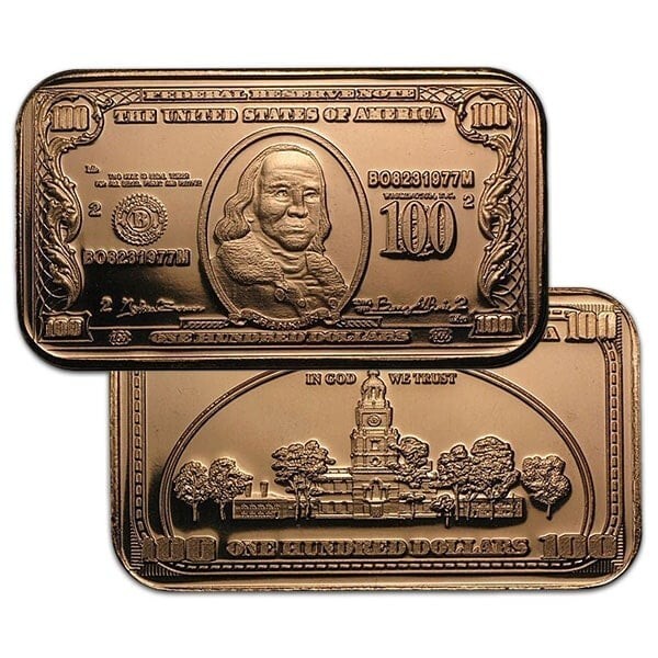 1 oz Copper Bar - $100 Ben Franklin Note - Private Mint - Osborne ...