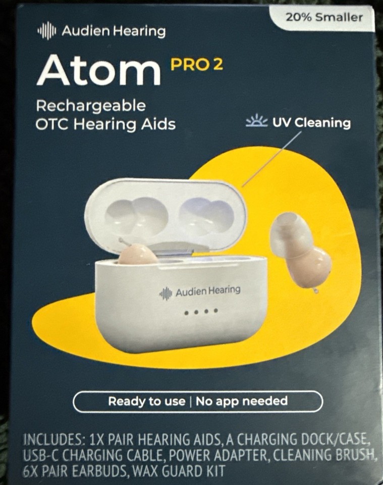 Audien Hearing Atom PRO 2 Rechargeable OTC Hearing Aids UV Cleaning Brand New | eBay