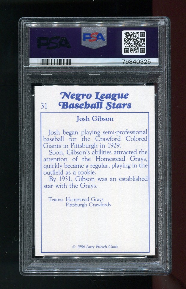 JOSH GIBSON 1986 FRITSCH NEGRO LEAGUE STARS #31 - PSA 10 GEM MINT - HOF ...