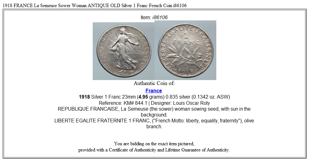 1918 FRANCE La Semeuse Sower Woman ANTIQUE OLD Silver 1 Franc French ...