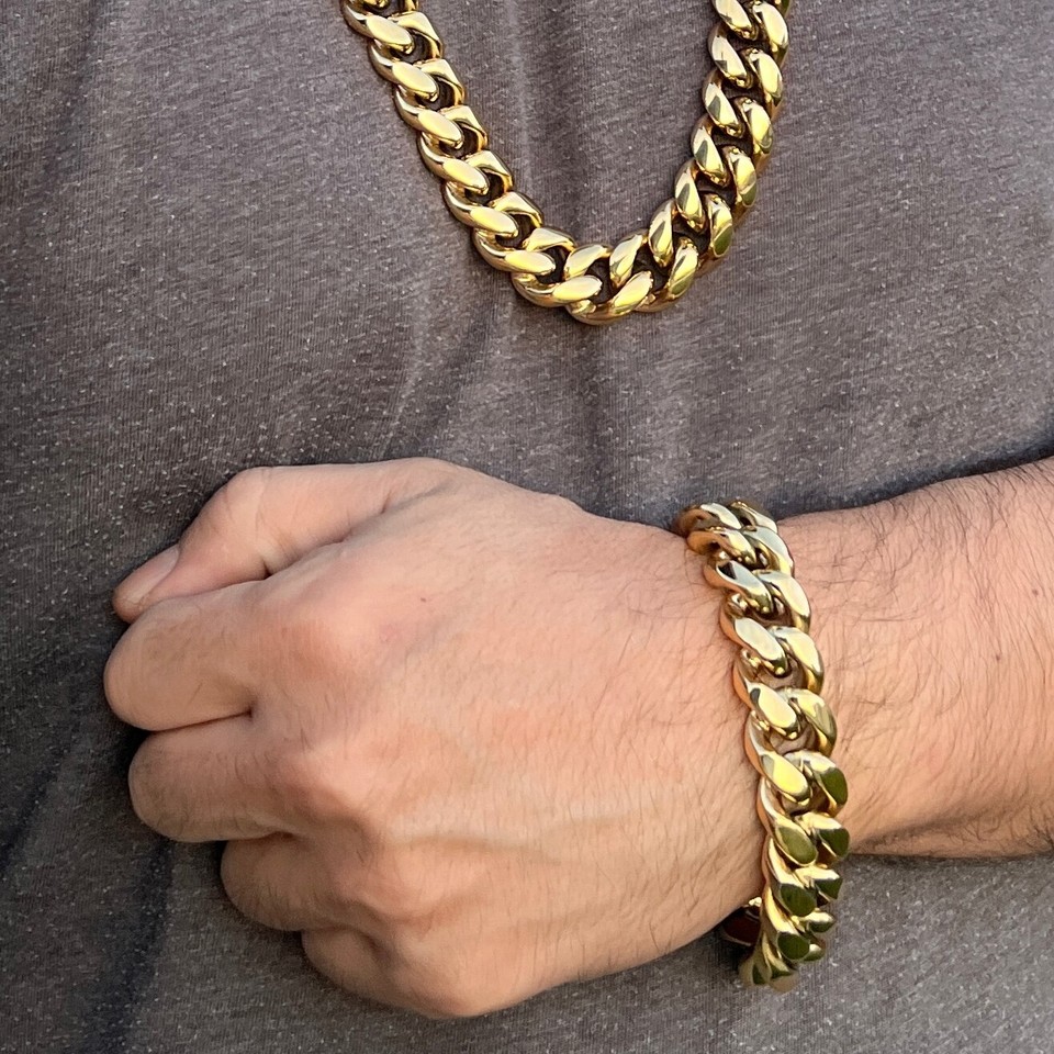 14k Gold Plated Stainless Steel 18mm Cuban Miami Link Bracelet Kilo ...