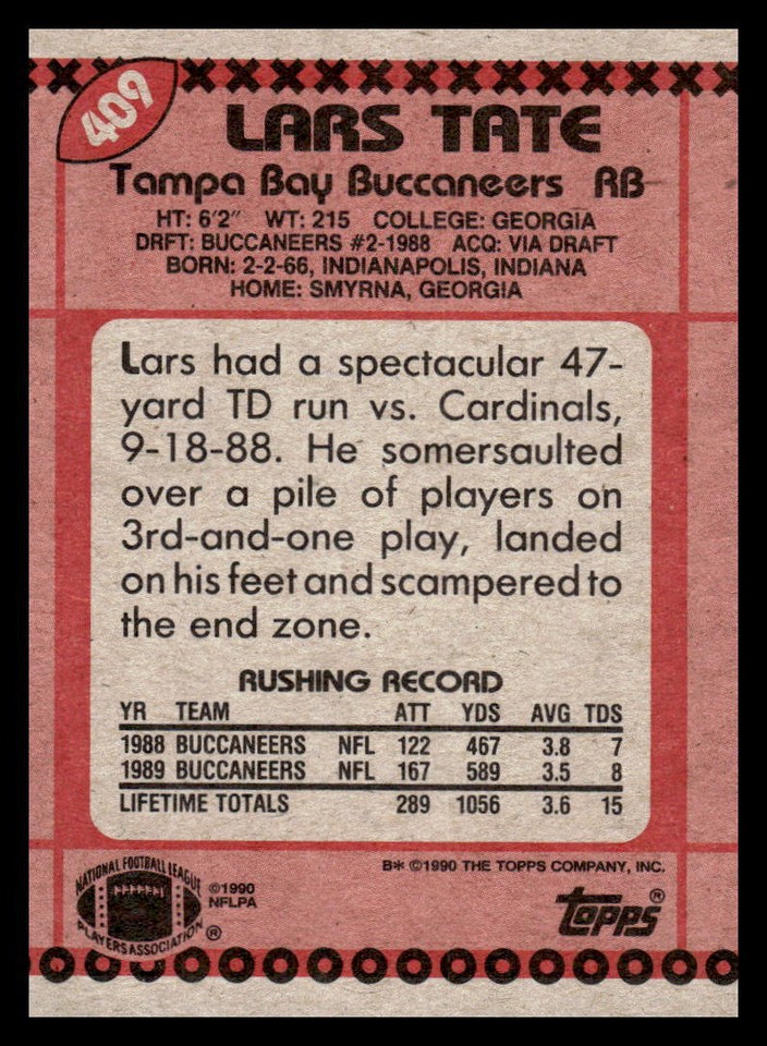 1990 Topps Lars Tate #409 Tampa Bay Buccaneers Football Card | eBay