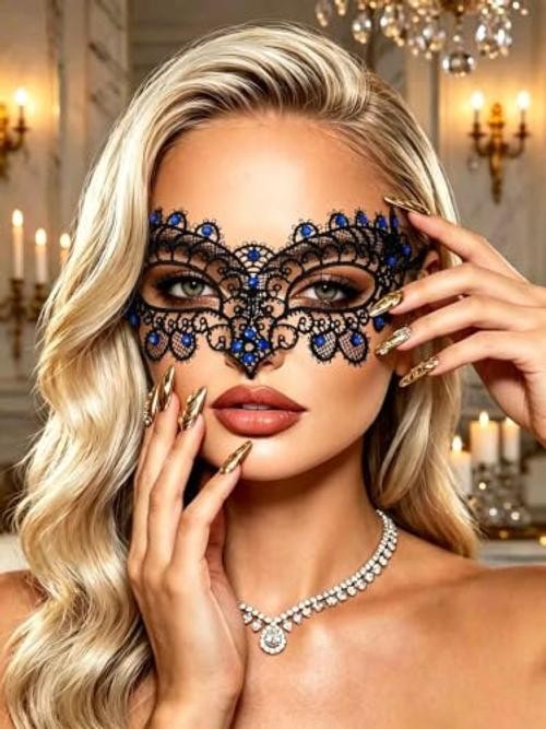 Feather Masquerade Masks for Women Shiny Crystal Venetian Eye Lace Blue ...