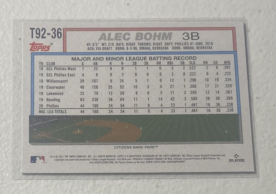 2021 Topps Update ~ Alec Bohm ~ Rookie ~ 1992 Redux ~ T92-36 ~ Phillies | eBay