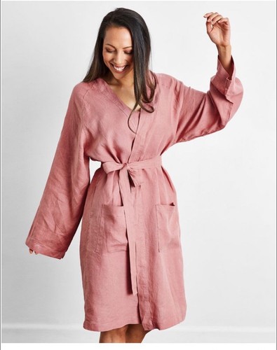 Threads By Bed Threads Robe OS Mauve Pink 100 Linen Belted Kimono ...
