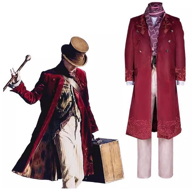 Wonka Willy Wonka Cosplay Costume Full Set Chocolate Factory Jacket Red ...