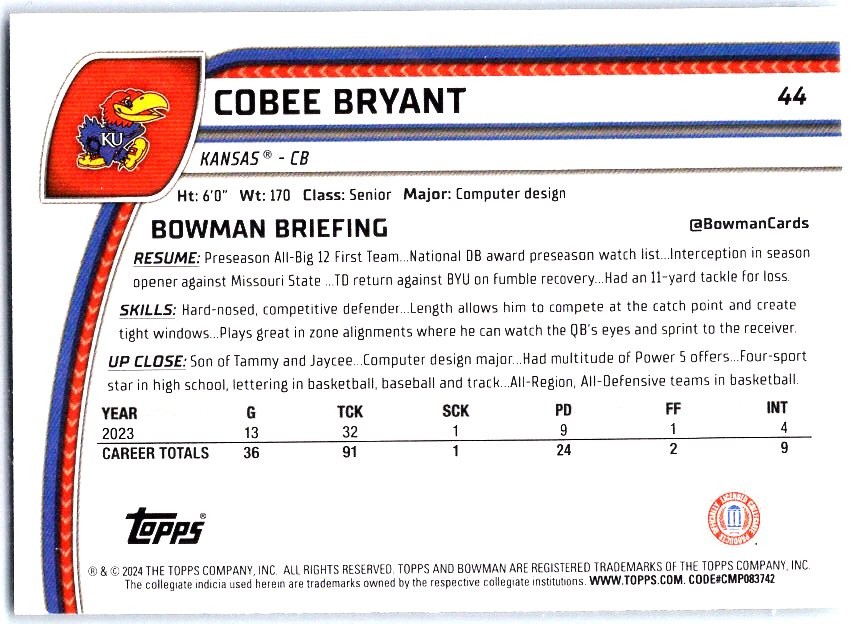 2024 Bowman University Chrome #44 Cobee Bryant Teal Lava Refractor | eBay