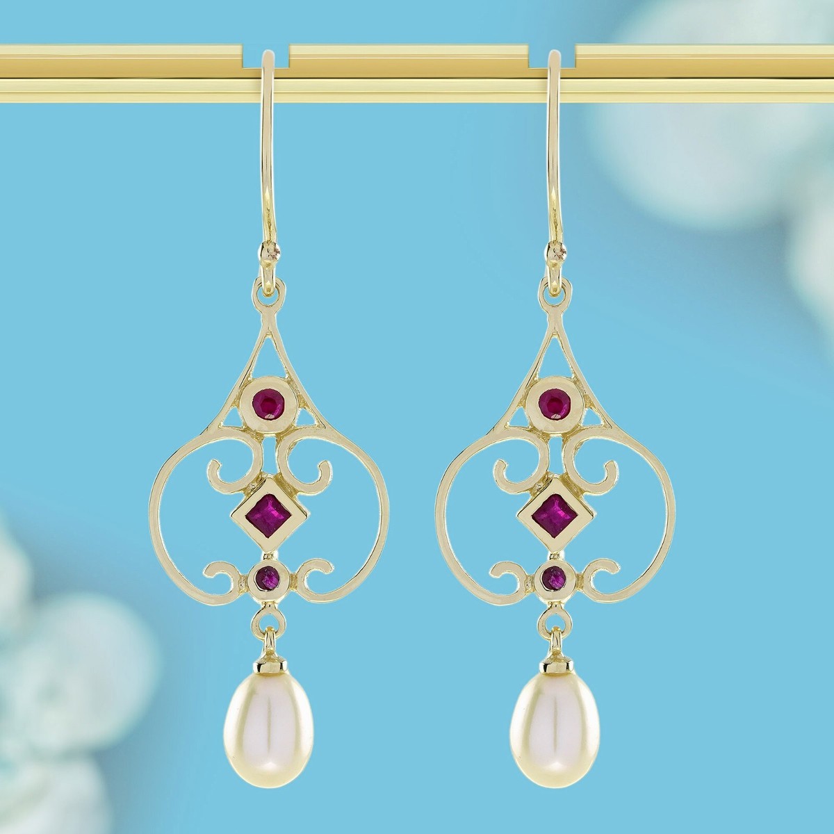 Brincos De Rubi Tanishq 9K Yellow Gold Natural Ruby And Pearl Vintage