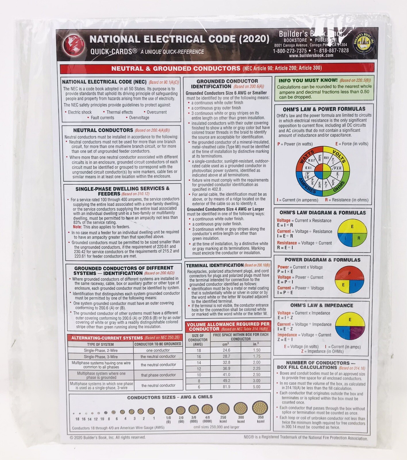 NATIONAL ELECTRICAL CODE (NEC) 2020 Quick-Card | eBay