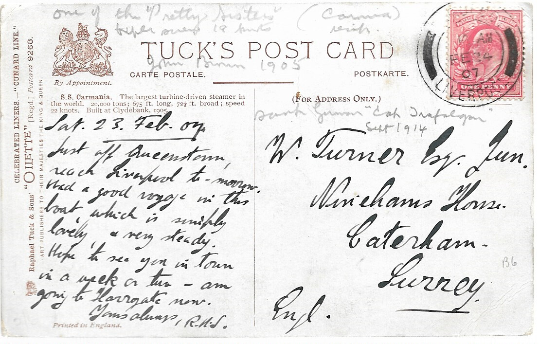 Postcard Cunard RMS SS Carmania Steamer Ship 1907 KEVII 1d RED ...