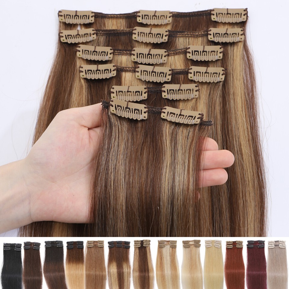 Clip in Remy Real Human Hair Extensions Full Head Long Weft Straight ...
