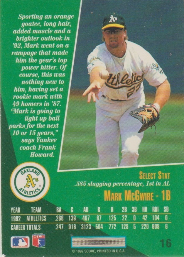 MARK McGWIRE: 1993 SCORE SELECT CARD # 16 | eBay