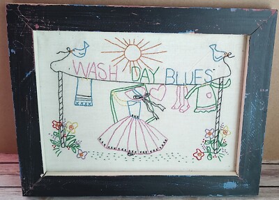 Framed Embroidered Picture "Wash Day Blues" Distressed Frame 11" x 14 ...