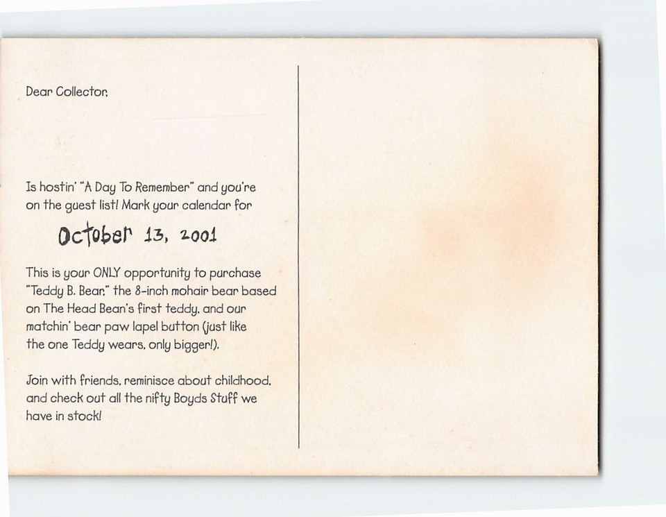 Postcard "A Day To Remember" Teddy B Bear Special Event Promotion | eBay