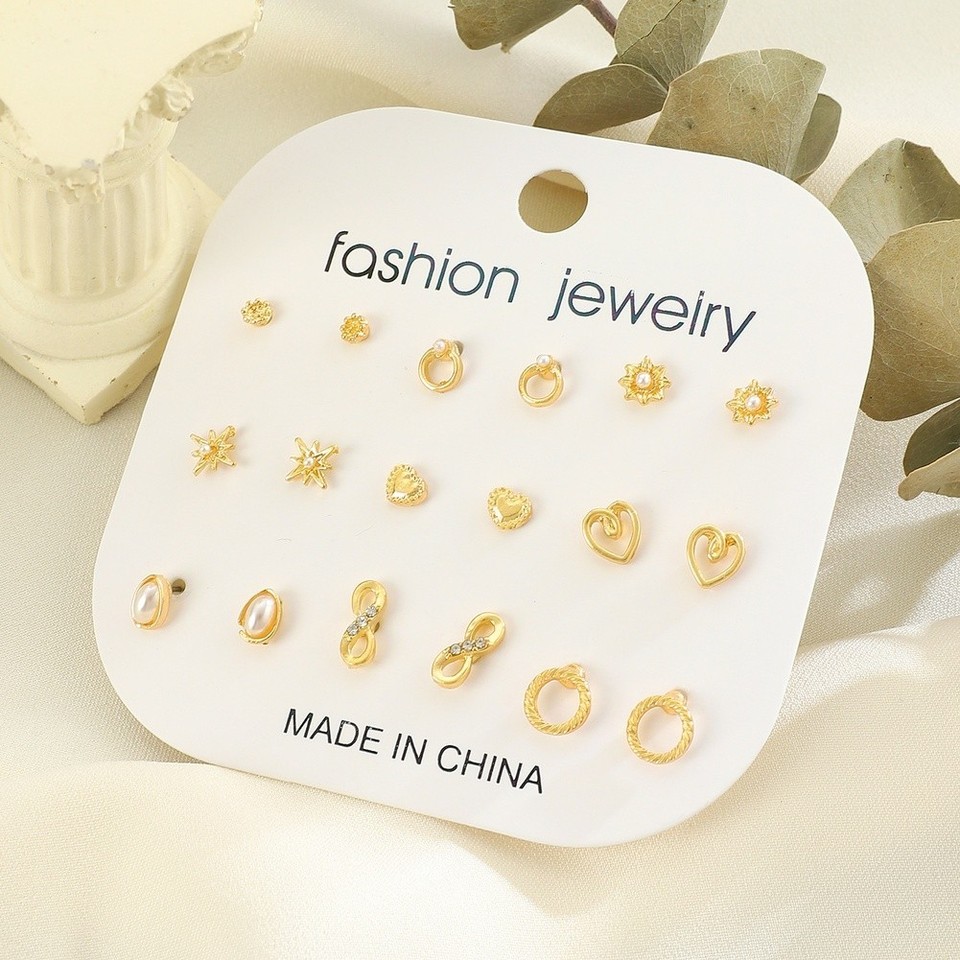 Gold Alloy 9 Piece Earring Set Pearl Rhinestone Star Hoop Geometric ...