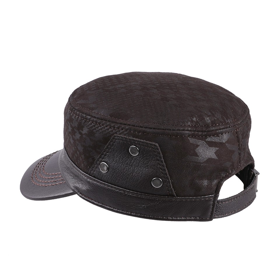 Men's Flat Top Cap Real Sheepskin Leather Military Style Caps Cadet ...