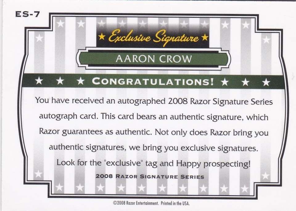 2008 Razor Signature Series Exclusives Autographs #ES07 Aaron Crow -NM ...