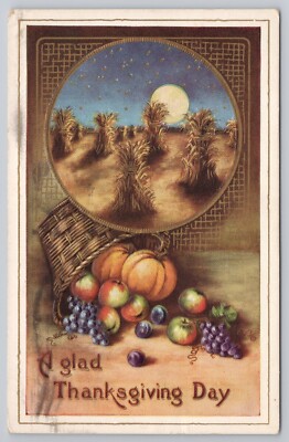 Glad Thanksgiving Day Basket of Fruit Corn Shock Bundles Moonlight ...