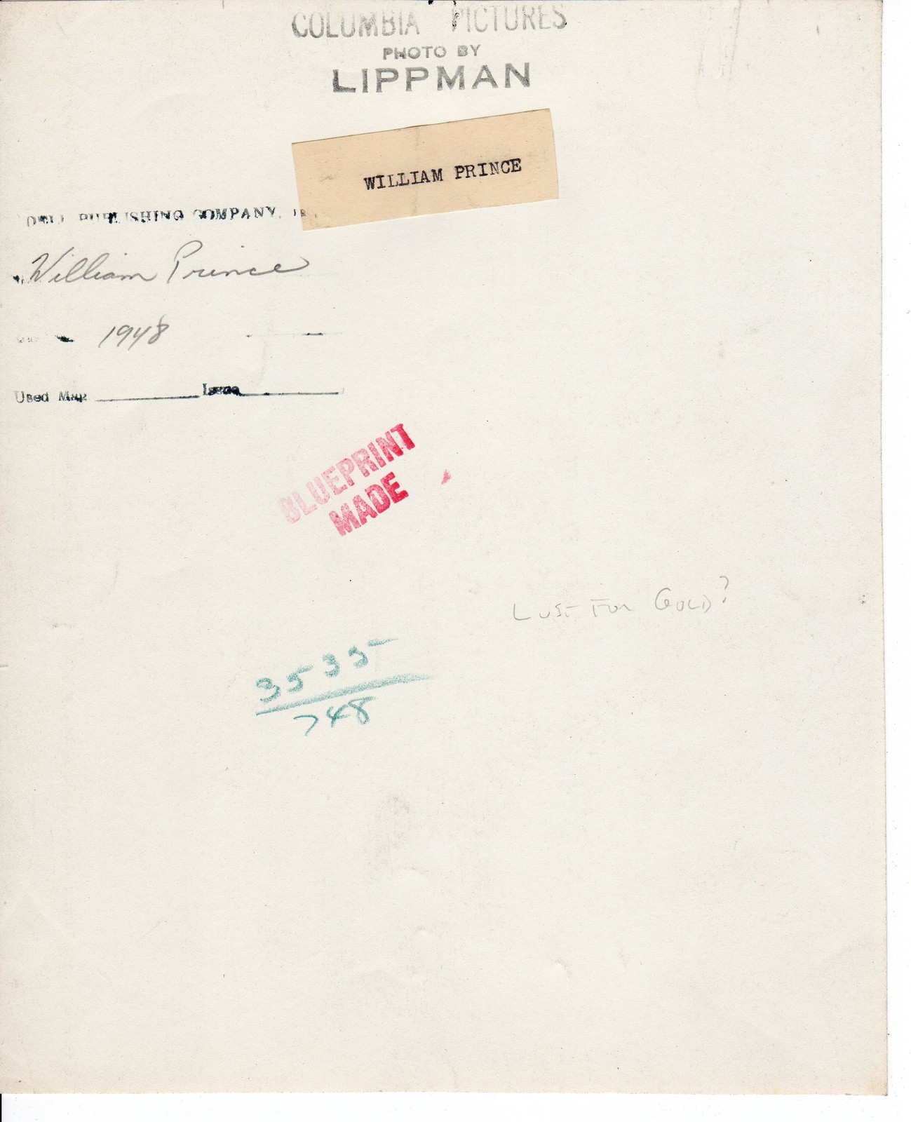 WILLIAM PRINCE Vintage Original Photo "LIPPMAN" 1948 Early ACTOR ...