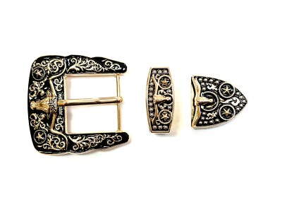 Western Buckle Set Men Rodeo Gold Black Longhorn West Star Signature 3 ...