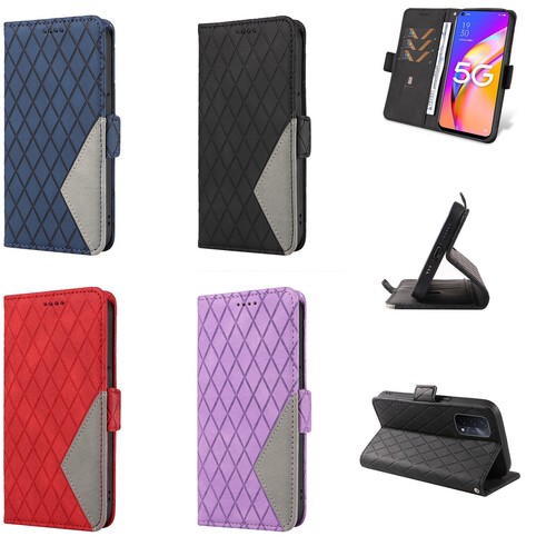 Splice Grid Leather Wallet Phone Case for Oppo A55 A17 A58 A77 A57 A78 ...