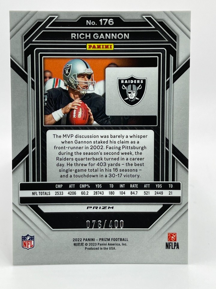 2022 Panini Pandora Prizm RICH GANNON Raiders #176 Premium 076/400 Free ...