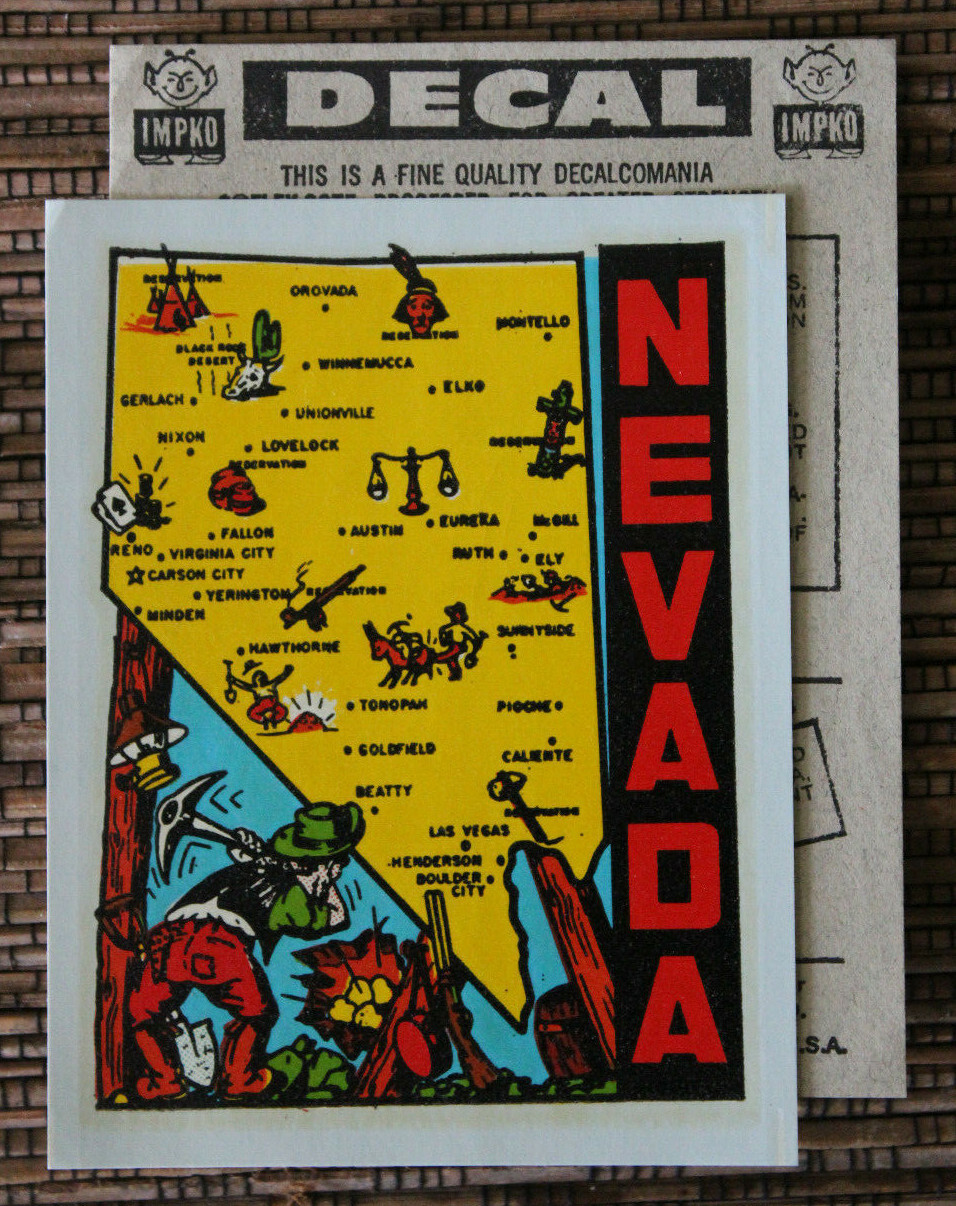 ORIGINAL VINTAGE TRAVEL DECAL NEVADA STATE MAP OLD GOLD MINER ...