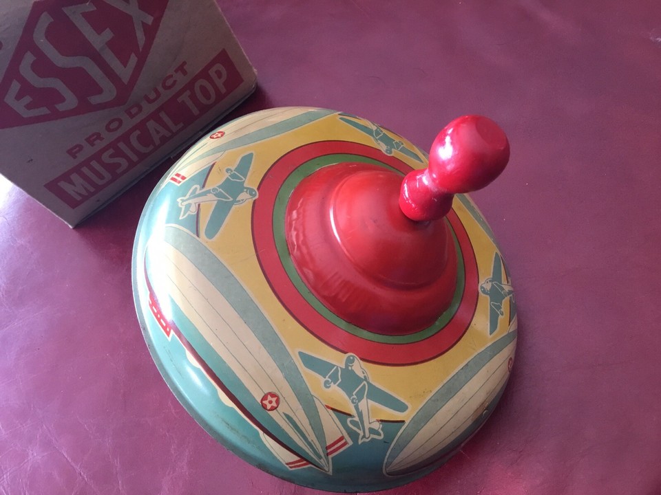 Antique Toy 1930 Tin ESSEX MUSICAL SPINNING TIN TOP BOXED Zeppelin ...